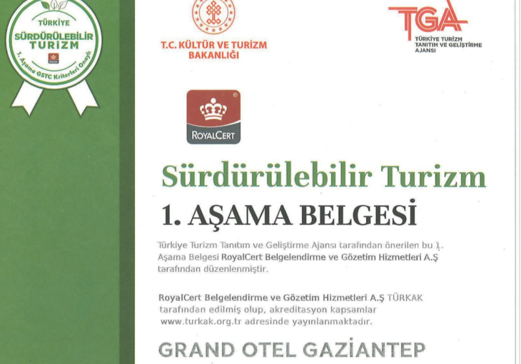 Sürdürülebilir Turizm Sertifikası - Grand Hotel Gaziantep
